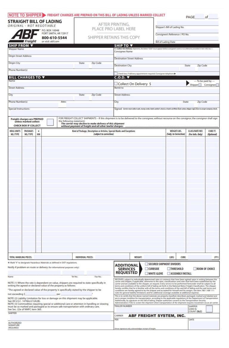 Bill of Lading Form | Free Word and Excel Templates