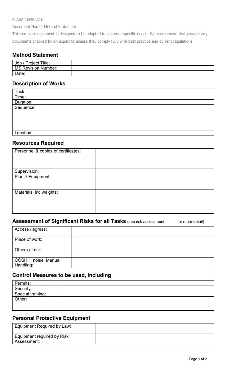 Method Statement Template Free Word And Excel Templates