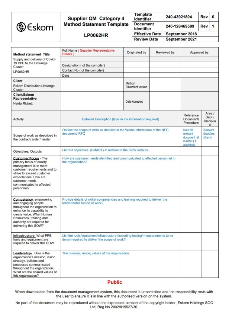 Method Statement Template | Free Word and Excel Templates