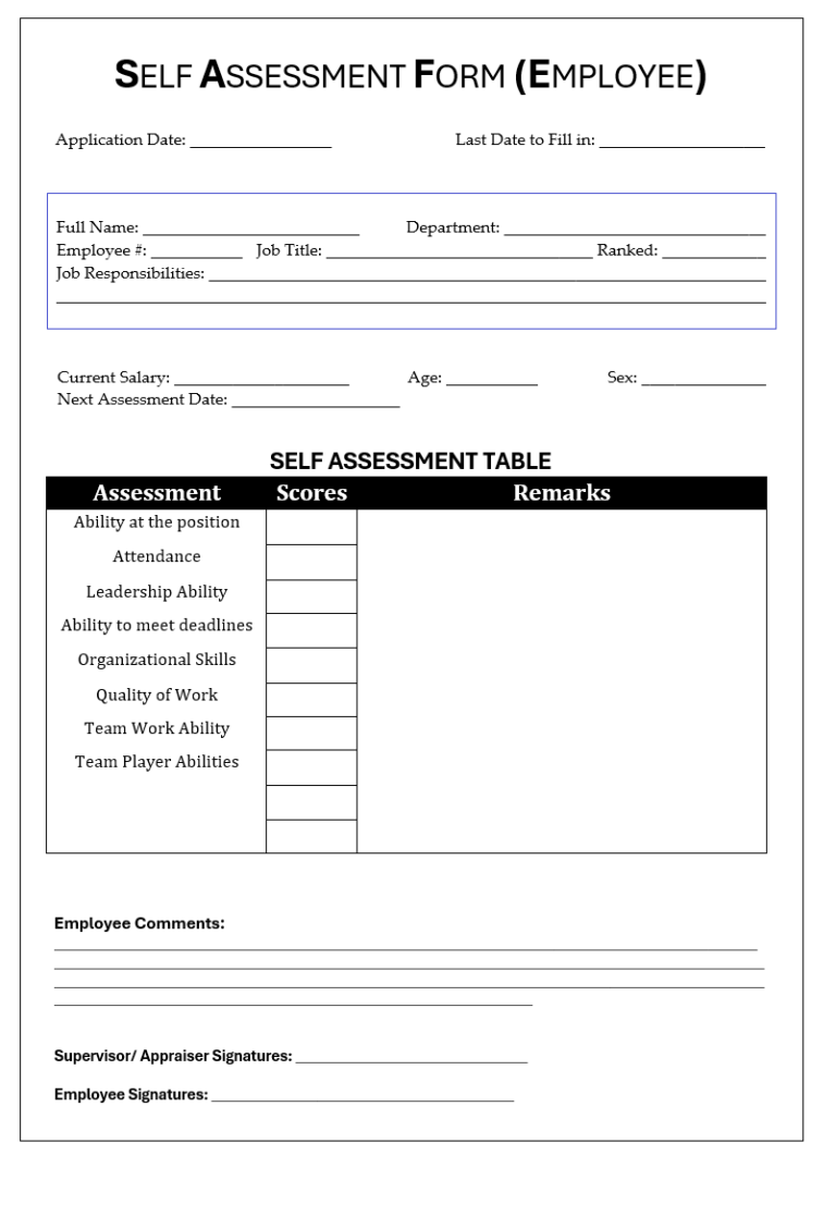 Self Assessment Form | Free Word and Excel Templates by AF
